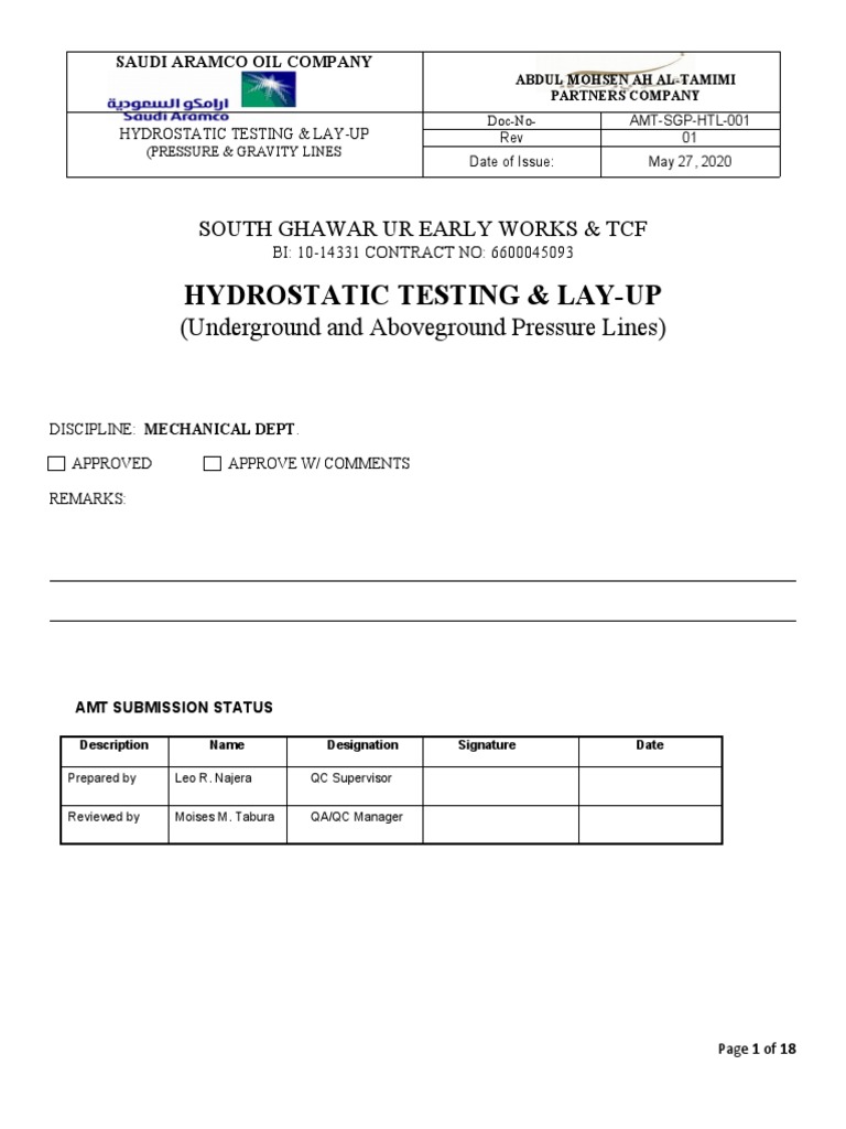 Hdrostatic Testing & Lay-Up Rev.01 | PDF | Pipe (Fluid Conveyance ...