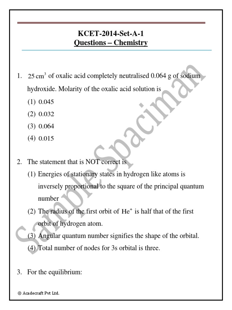 KCET-2014-Set-A-1 Questions - Chemistry: © Acadecraft PVT LTD ...