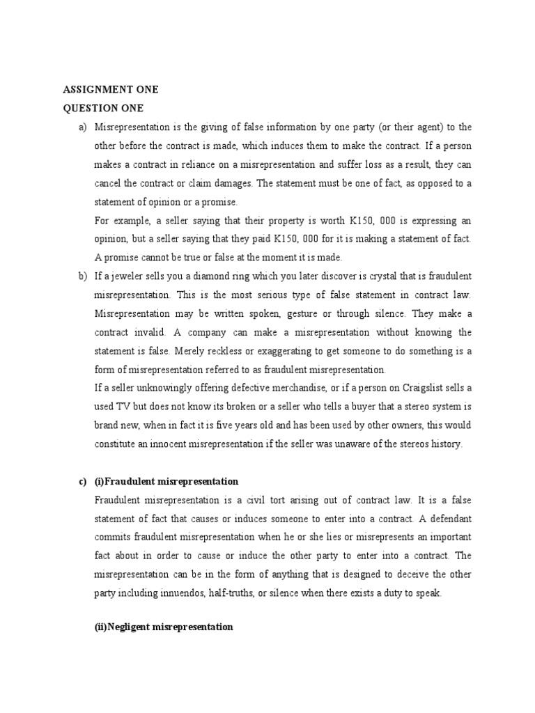 Assignment One Question One | PDF | Misrepresentation | Damages
