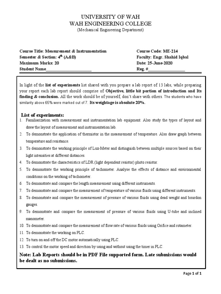 University of Wah Wah Engineering College | PDF | Pressure Measurement ...