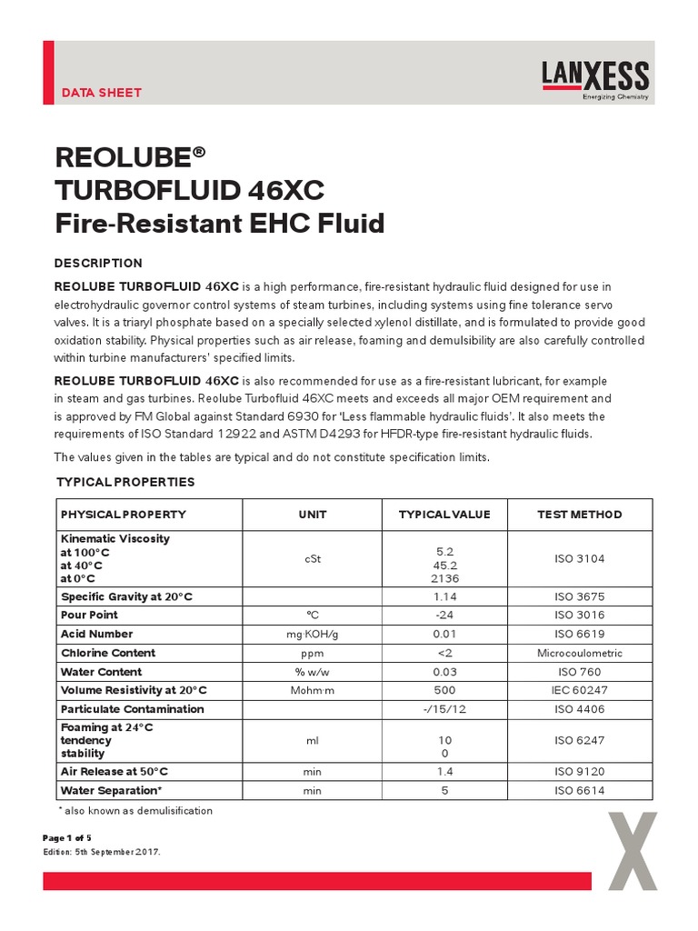Reolube Turbofluid 46Xc Fire-Resistant EHC Fluid: Data Sheet | PDF ...