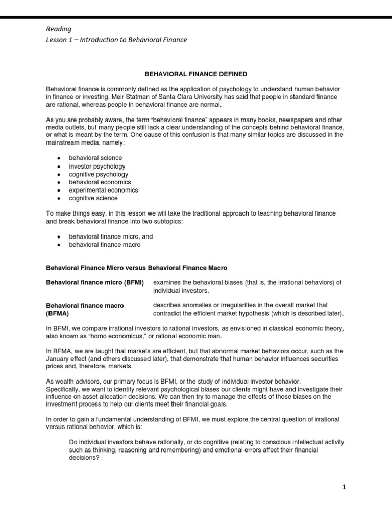 Introduction to Behavioral Finance | PDF | Behavioral Economics ...