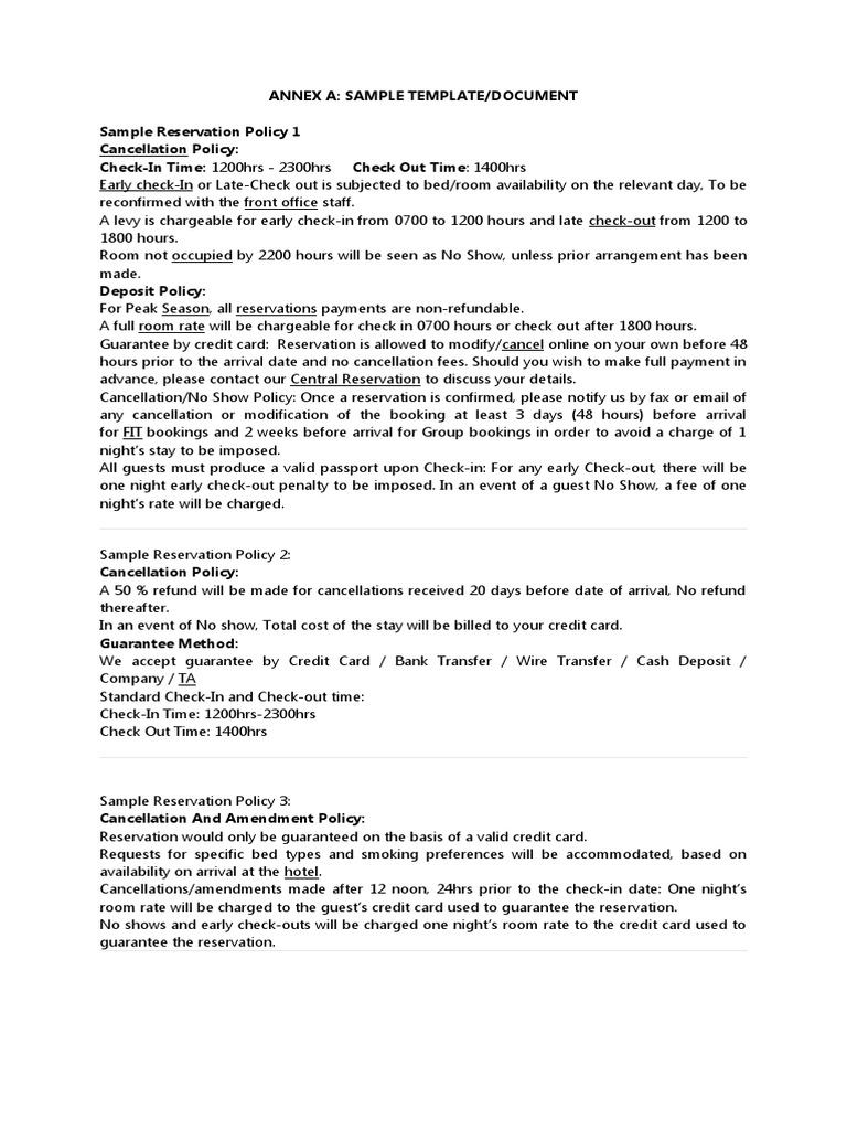 Annex A: Sample Template/Document Sample Reservation Policy 1 ...