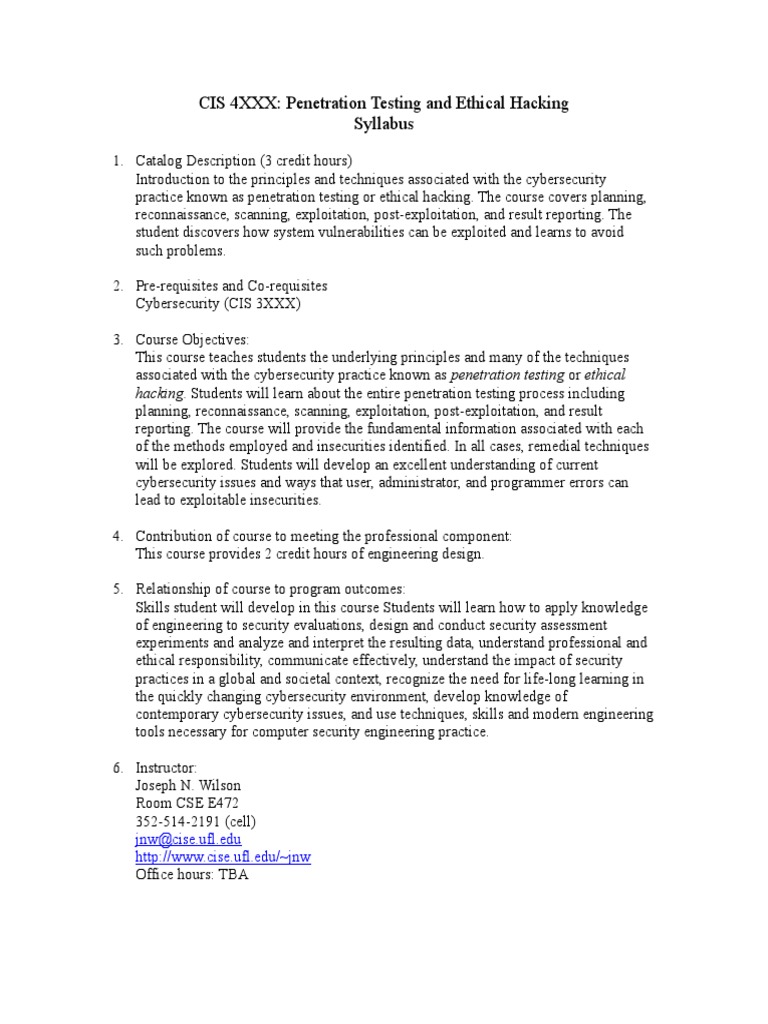 CIS 4XXX: Penetration Testing and Ethical Hacking Syllabus | PDF ...