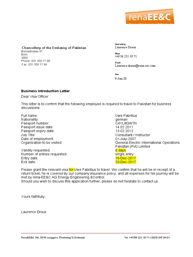 Chancellery of The Embassy of Pakistan: Business Introduction Letter | PDF