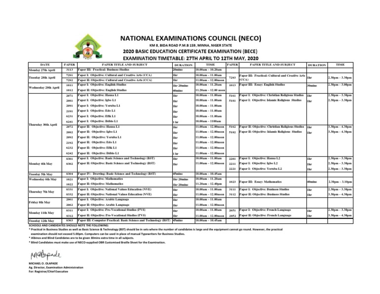 2020 Bece Timetable | PDF | Nigeria