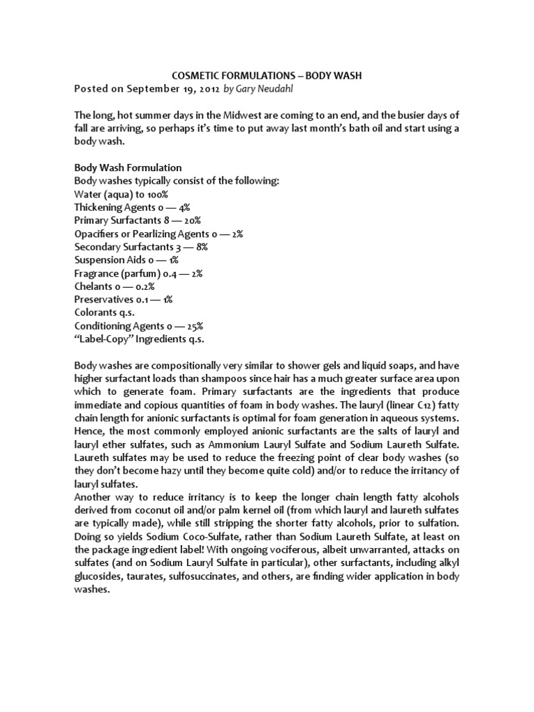 Body Wash Formulation Guide | PDF | Surfactant | Chemical Substances