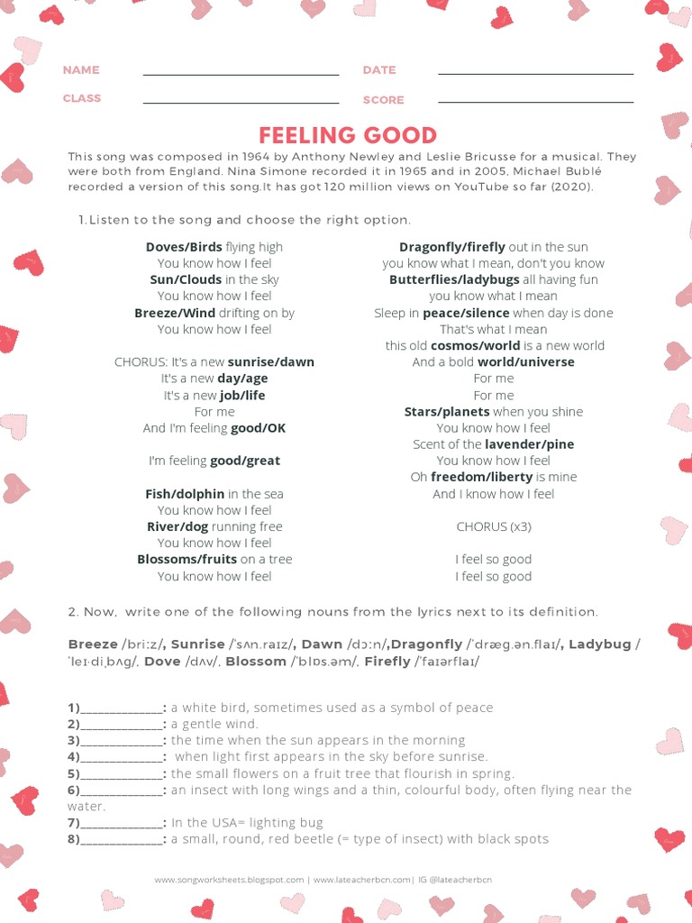 Feeling Good by Michael Bublé Song Worksheet | PDF | Nature