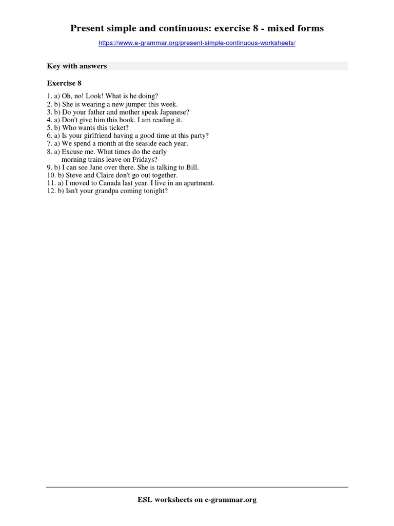 Present Simple Continuous Exercise 8 Key PDF | PDF | Foreign Language ...