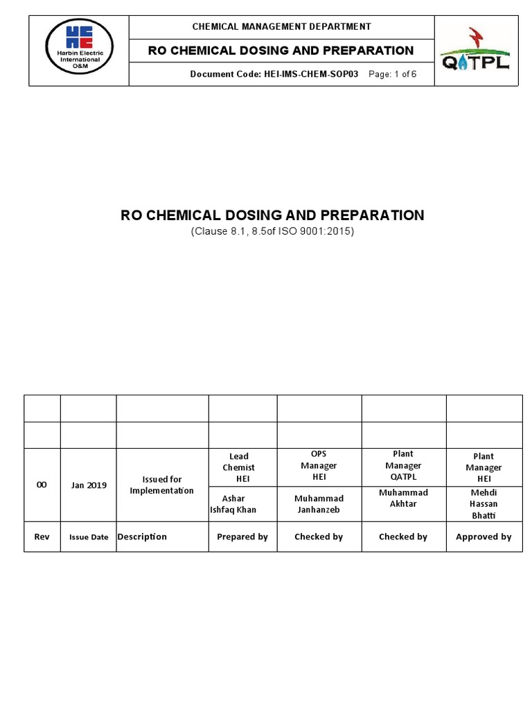 RO Plant Chemical Dosing Procedures | PDF | Pump | Chemistry