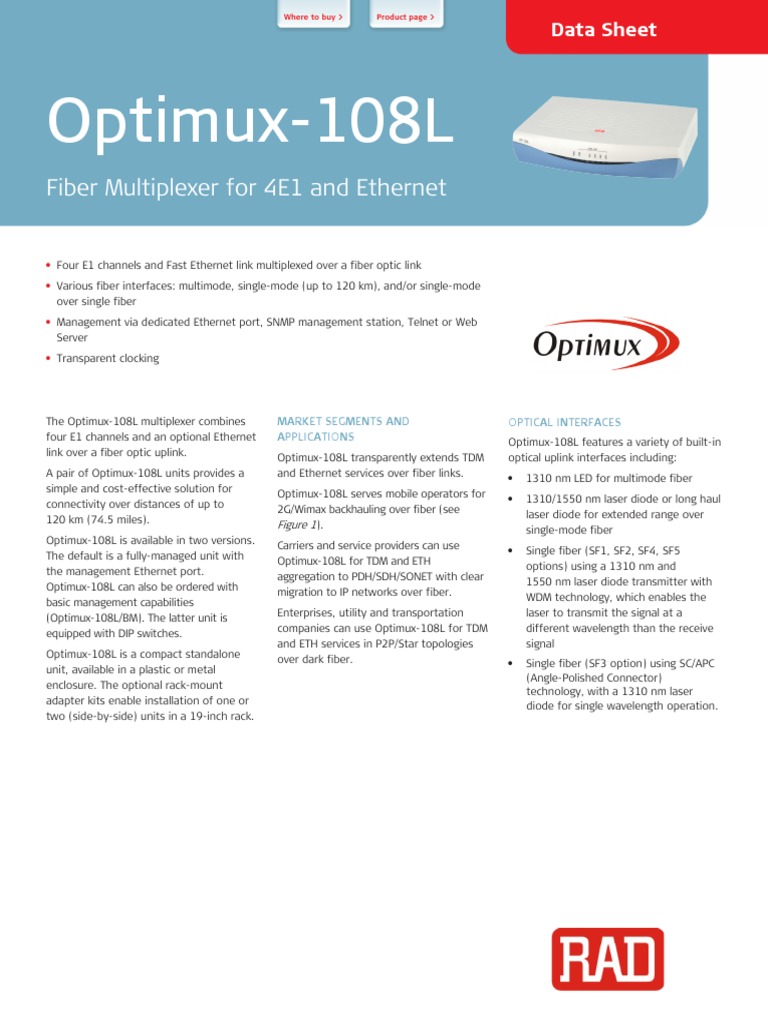 Optimux-108L: Fiber Multiplexer For 4E1 and Ethernet | PDF | Fiber ...