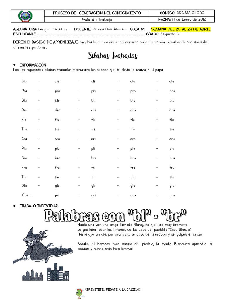 GUÍA 1 - ESPAÑOL (Sílabas Trabadas BL, BR, GR, GL) PDF | PDF | Insectos ...