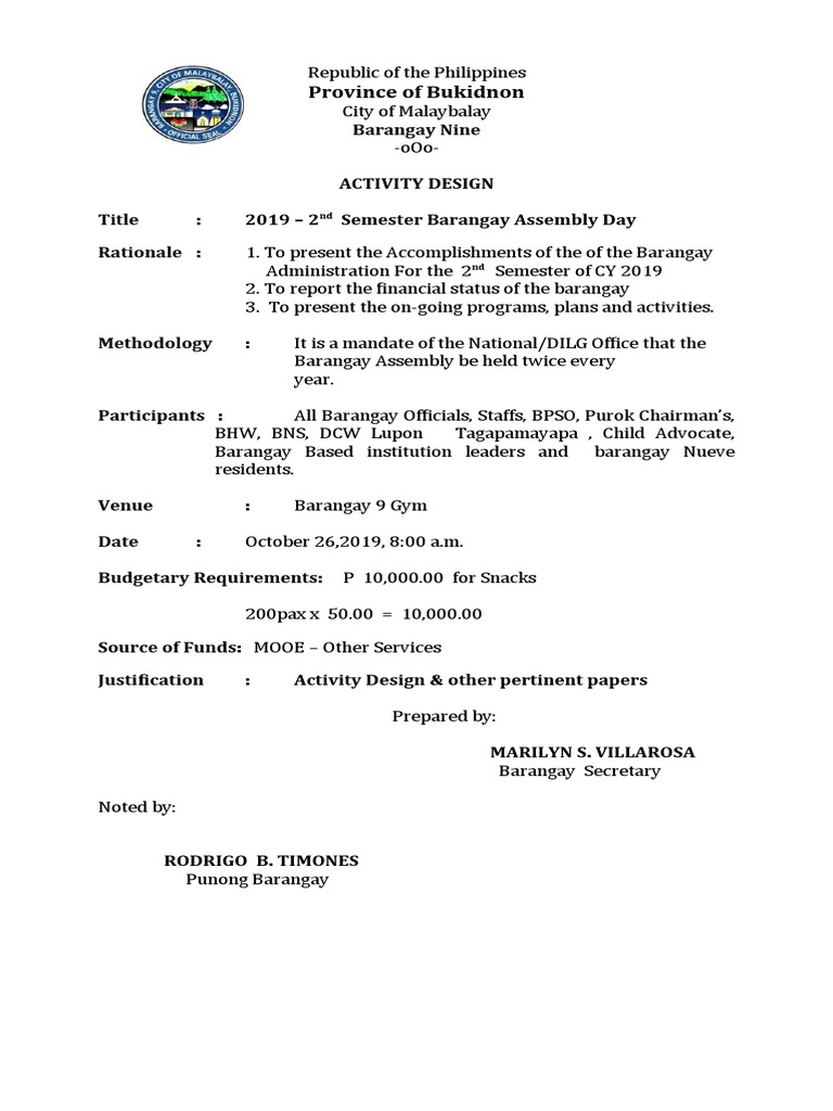 ACTIVITY DESIGN 2019 Barangay Assembly Day | PDF | Public Sphere ...