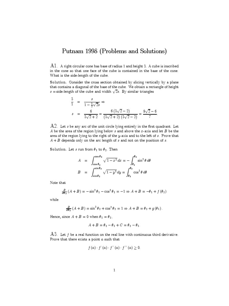 Putnam 1998 (Problems and Solutions) | PDF | Area | Triangle