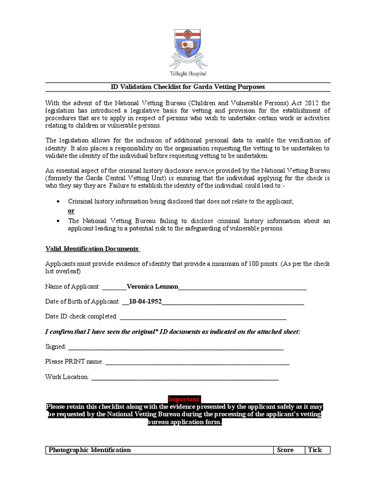 1st Stage - Validation Checklist ID For Garda Vetting | PDF | Criminal ...