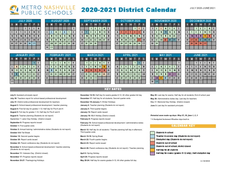 2020-2021 MNPS+District Calendar | PDF | Educational Institutions | Schools