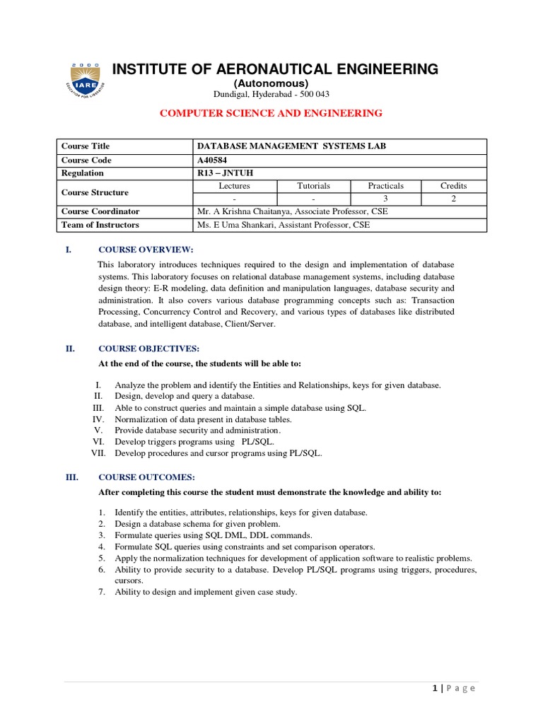 DBMS LAB Manual Iare | PDF | Databases | Data Management Software