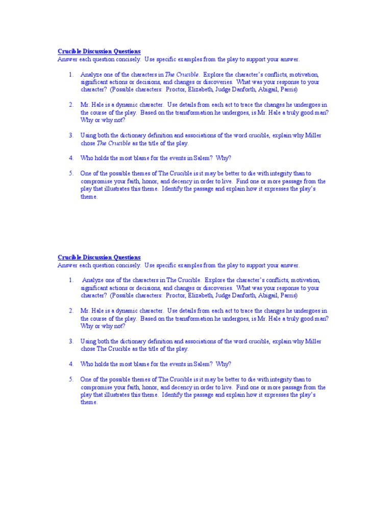 Crucible Discussion Questions | PDF