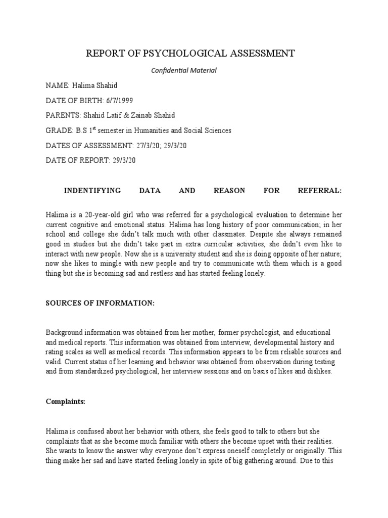 Report of Psychological Assessment: Confidential Material | PDF ...