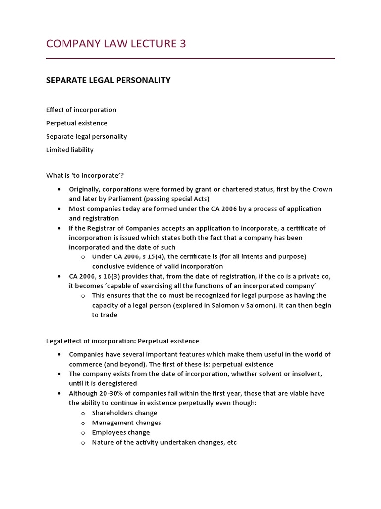COMPANY LAW Separate Legal Personality | PDF | Corporations | Joint ...