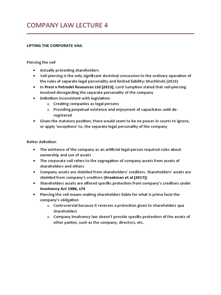 Company Law Corporate Veil Pdf Piercing The Corporate Veil Tort