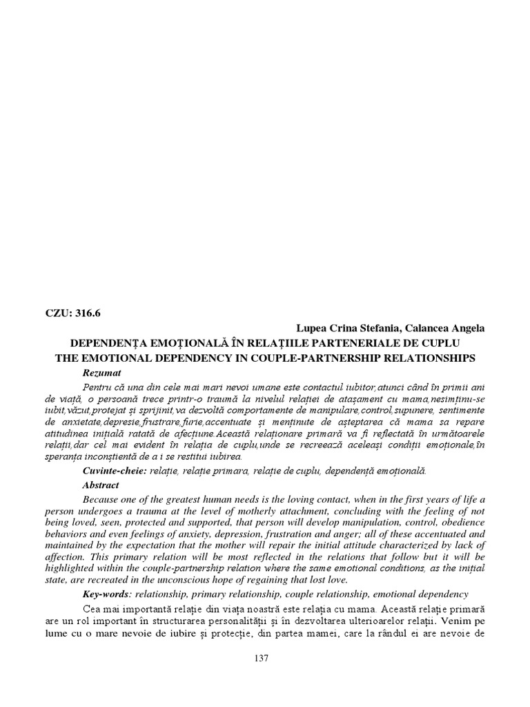 CZU: 316.6 Lupea Crina Stefania, Calancea Angela Dependen A Emo Ional ...