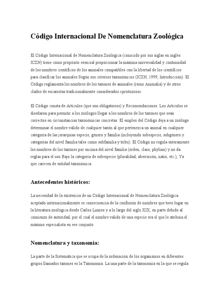 Código Internacional de Nomenclatura Zoológica | PDF | Taxonomía (biología) | Taxa