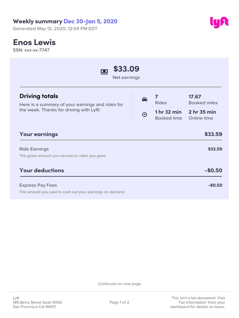 Lyft Weekly Earnings Summary | PDF | Lyft | Fee