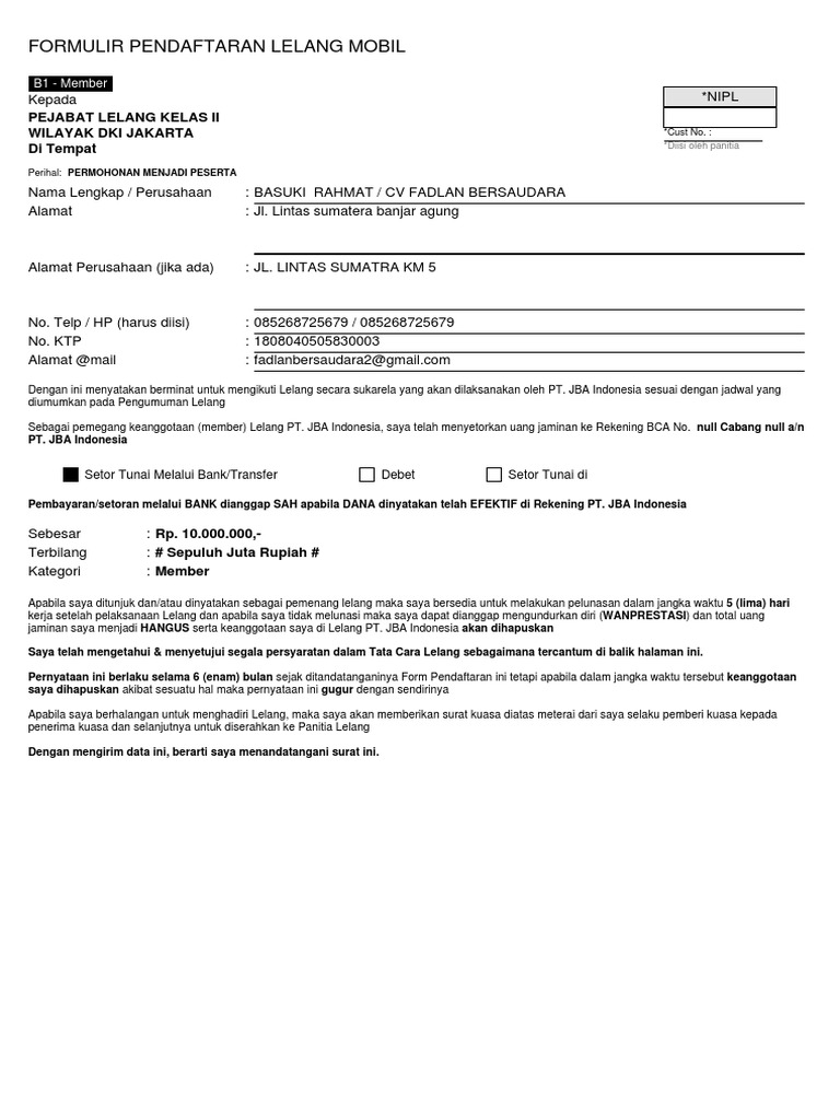 Form Lelang Mobil | PDF