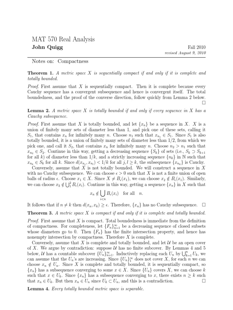 Mat 570 Real Analysis John Quigg Notes On Compactness Pdf Compact Space Metric Space