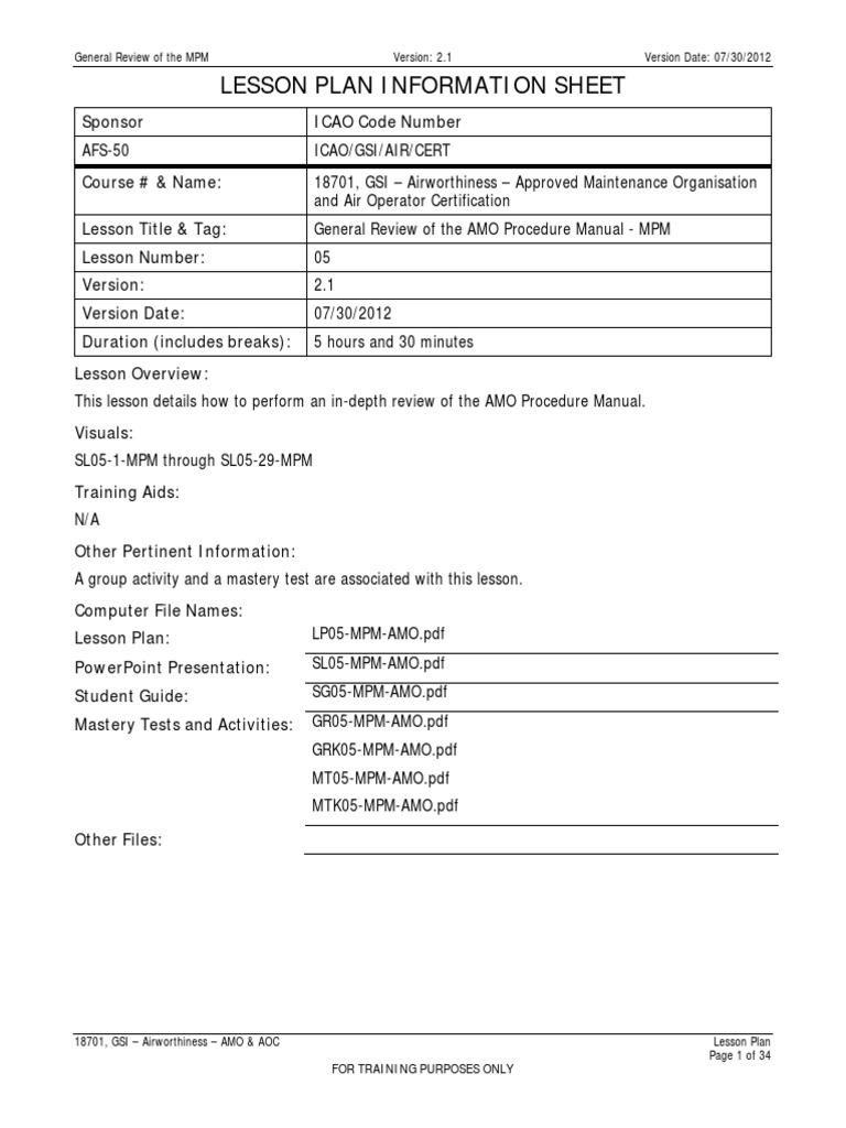 Lesson Plan Information Sheet: General Review of The MPM Version Date ...