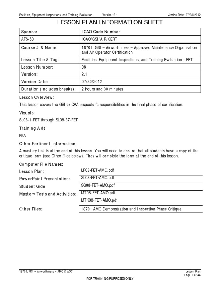 Lesson Plan Information Sheet: Facilities, Equipment Inspections, and ...