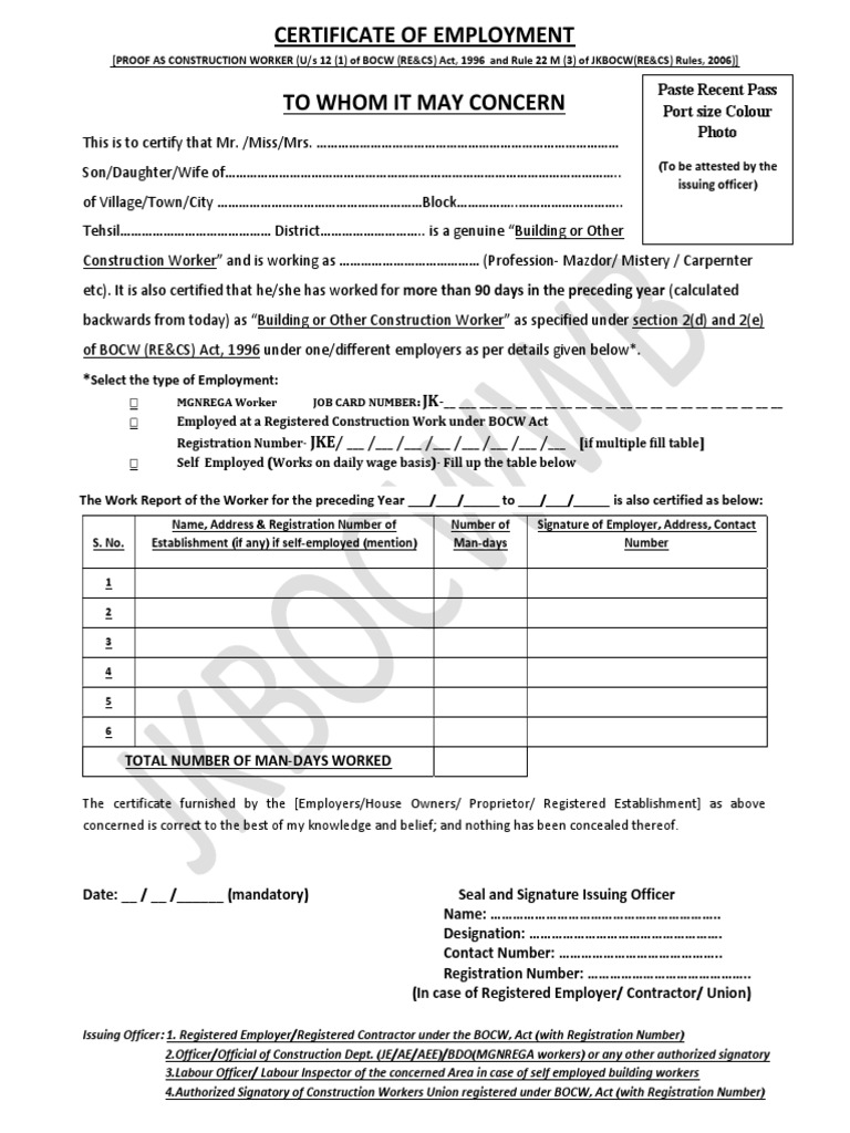 JKBOCW - Employment Ceritificate Form | PDF | Employment | Government