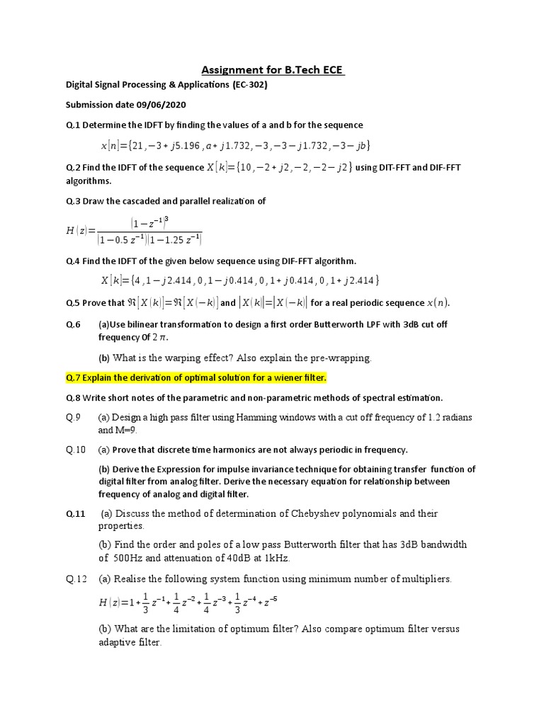 Assignment For Btech Ece X N X K Pdf Filter Signal Processing 3990