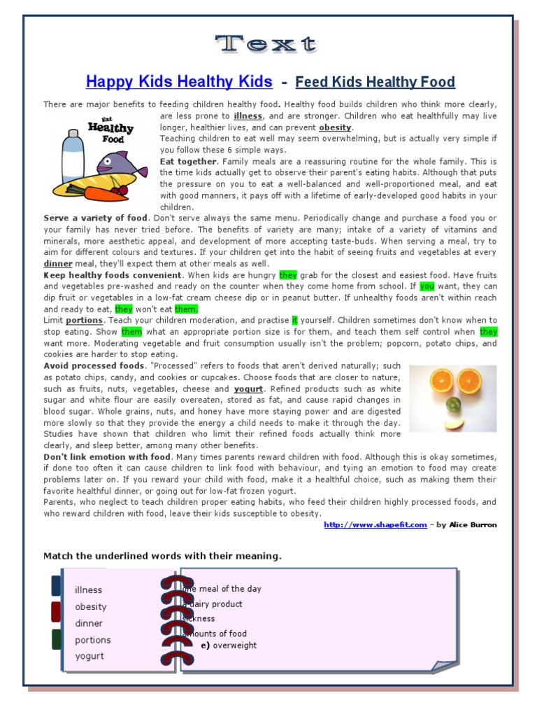 Healthy Eating Habits Crosswords Reading Comprehension Exercises ...