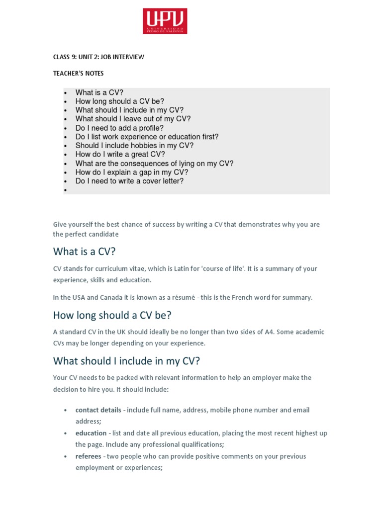 What Is A CV?: Class 9: Unit 2: Job Interview Teacher'S Notes | PDF ...