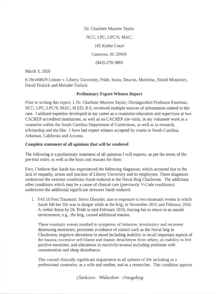 Dr. Charlotte Murrow Taylor Expert Witness Report On Sarah Leitner | PDF