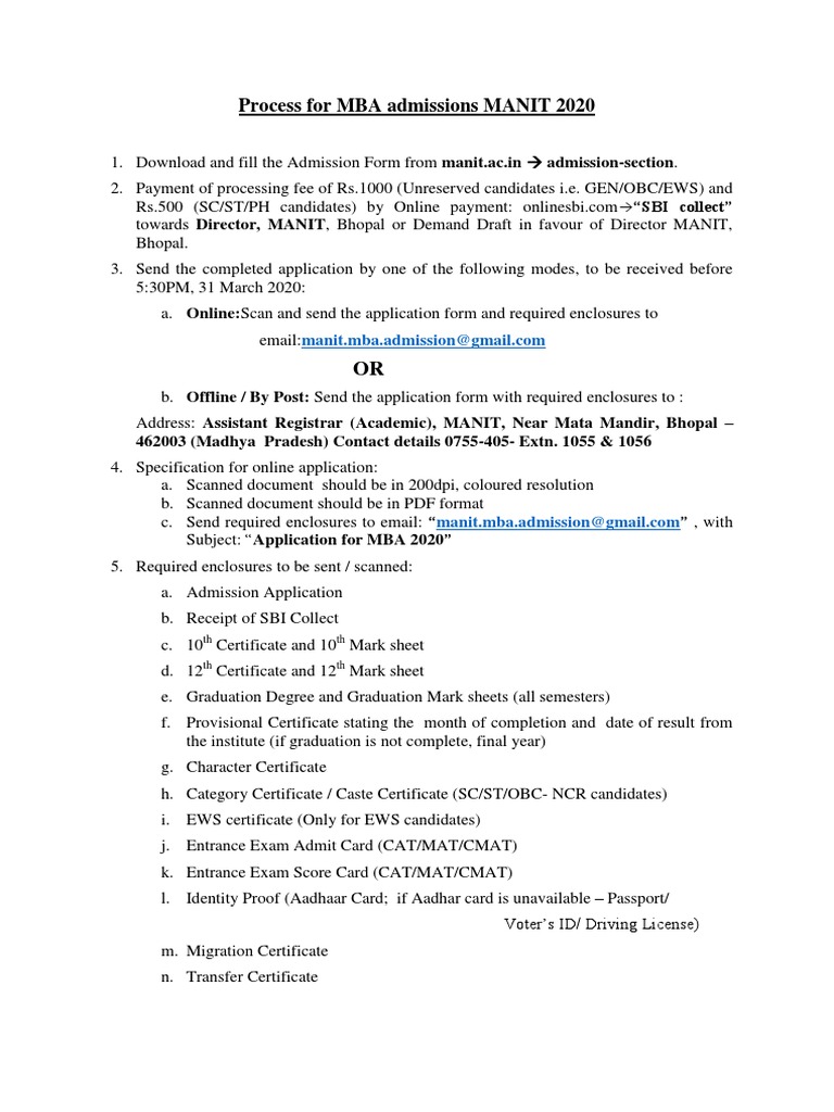 Process For MBA Admissions MANIT 2020 | PDF