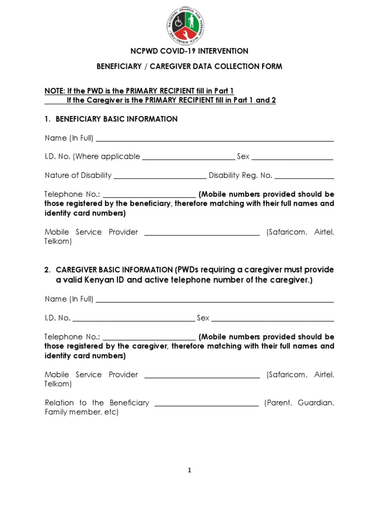 NCPWD Data Collection Form | PDF | Identity Document | Caregiver