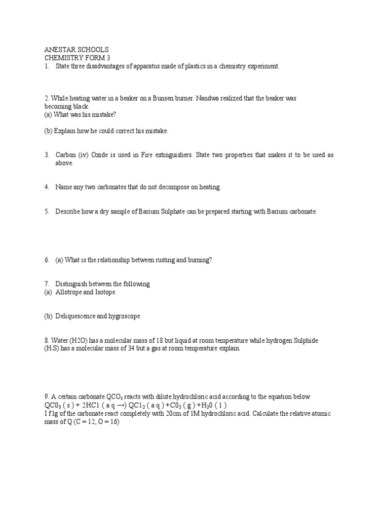 Form 3 Chemistry Assignment (WK 8) | PDF | Oxide | Hydrogen
