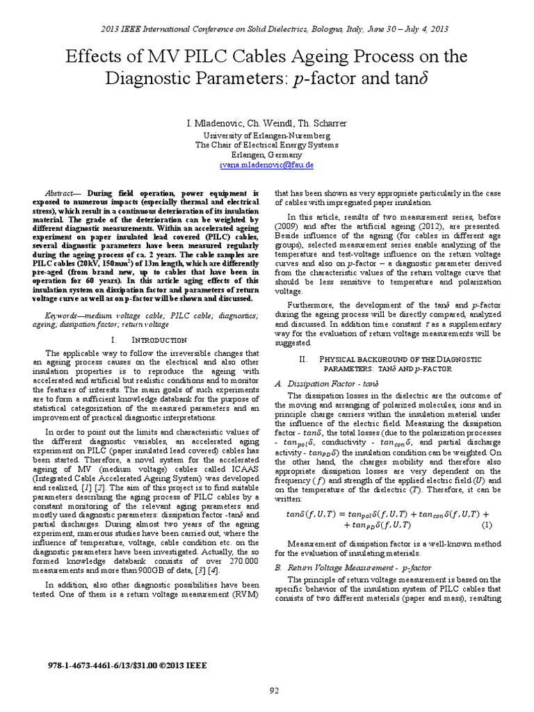 Effects of MV PILC Cables Ageing Process on the Diagnostic Parameters ...