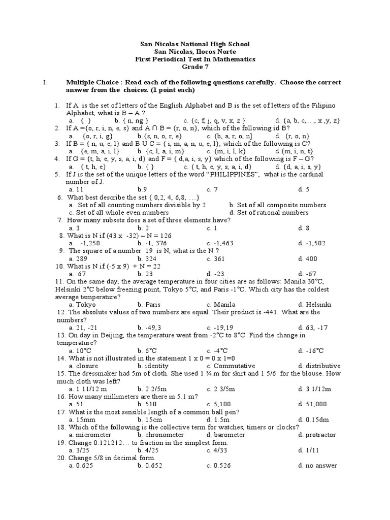 Grade 7 Math First Periodical Test | PDF | Multiplication | Numbers