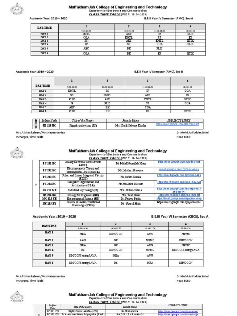 ECE Time Table From 16 April Onwards | PDF | Wireless Sensor Network ...