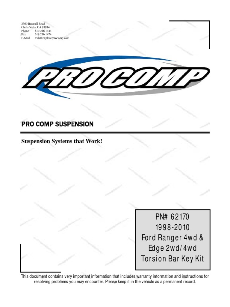 Ford Ranger Torsion Bar Key Kit Installation Guide | PDF | Vehicles ...