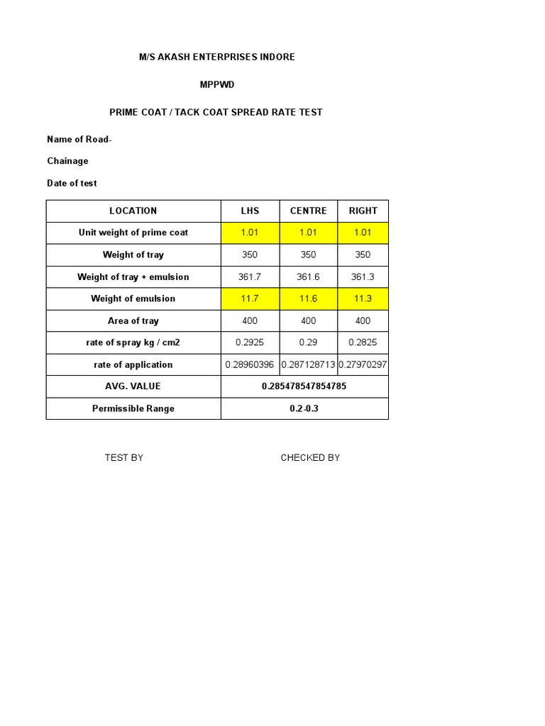 Prime Coat Tack Coat Excel Sheet | PDF