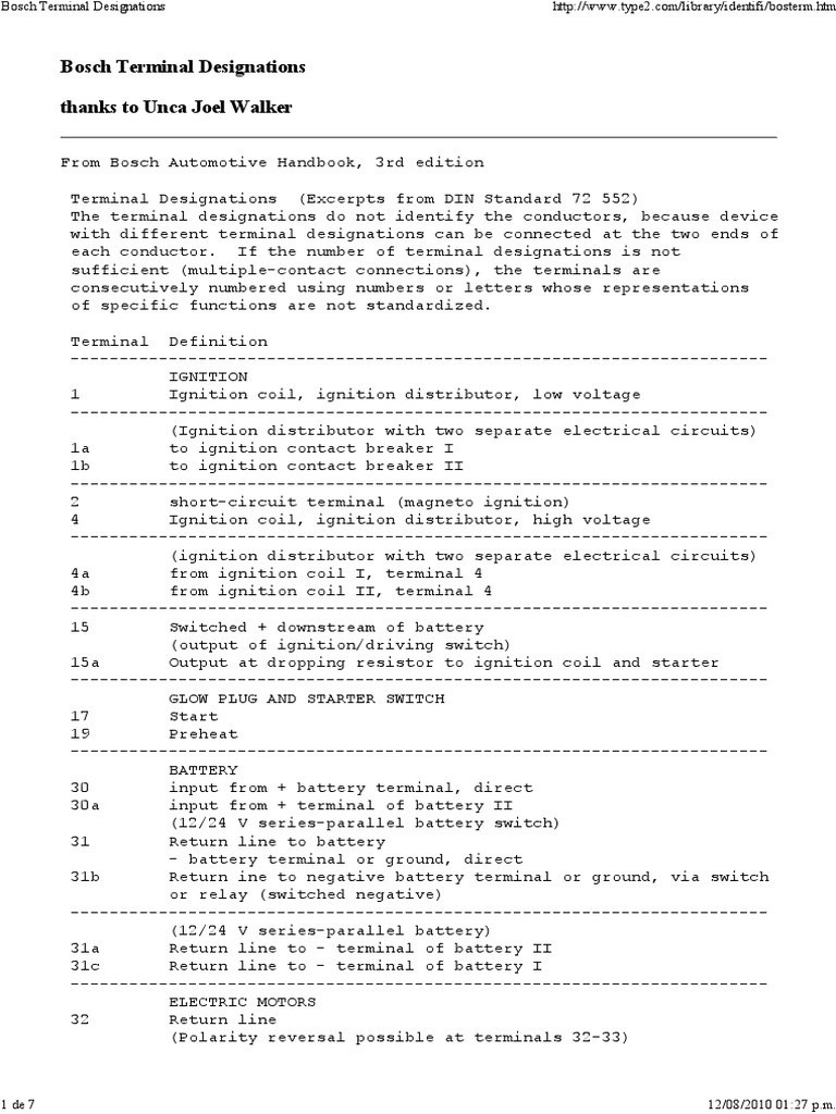 Bosch Terminal Designation | PDF | Ignition System | Distributor