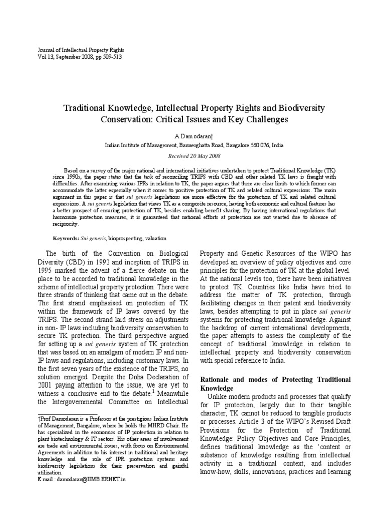 Traditional Knowledge, IPR and Biodiversity Conservation - Issues and ...