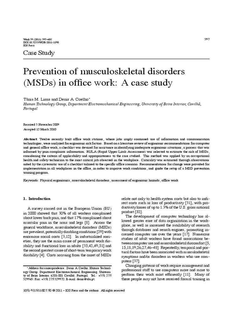 Prevention of Musculoskeletal Disorders (MSDS) in Office Work: A Case ...