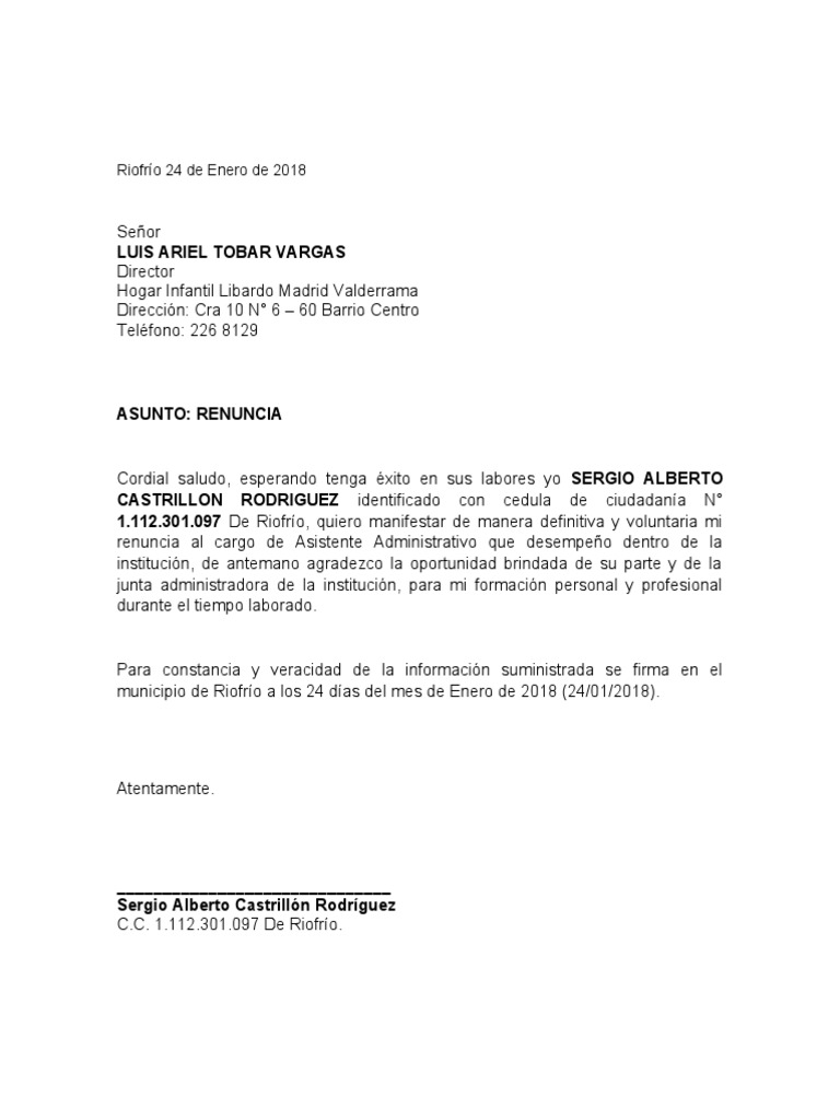 Renuncia Sergio Castrillon | PDF | Derecho