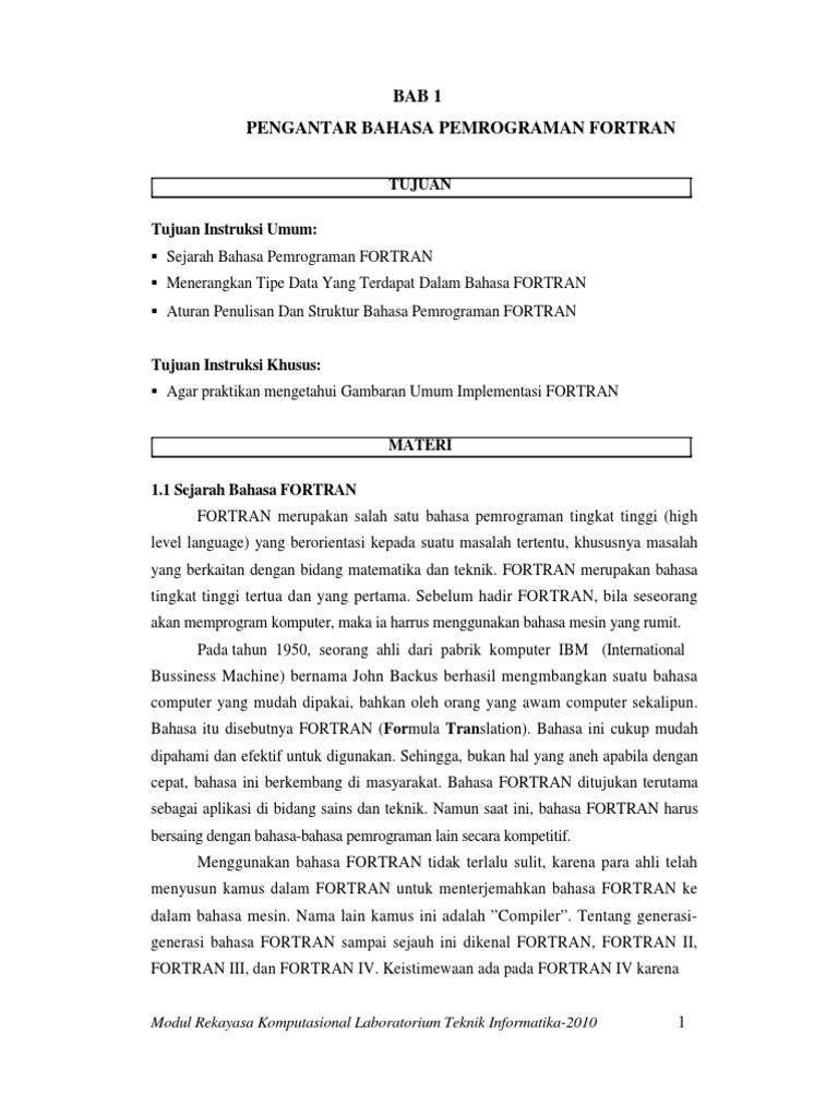 Bab 1 Pengantar Bahasa Pemrograman Fortran | PDF